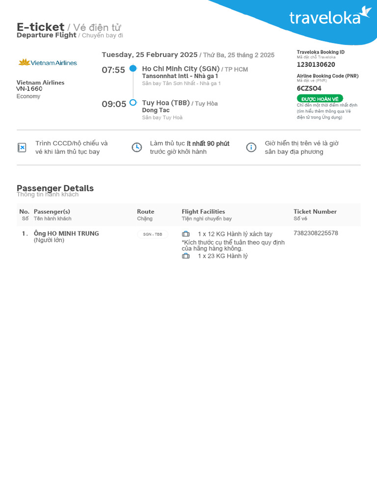 Flight#1-Thi Tuyen Le-Sgn-6czso4-Tbb-Flight - Originating | PDF