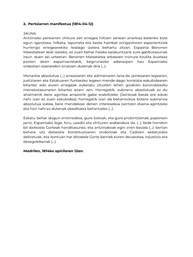 02 IRUZKINA - Pertsiarren Manifestua (1814-04-12) | PDF