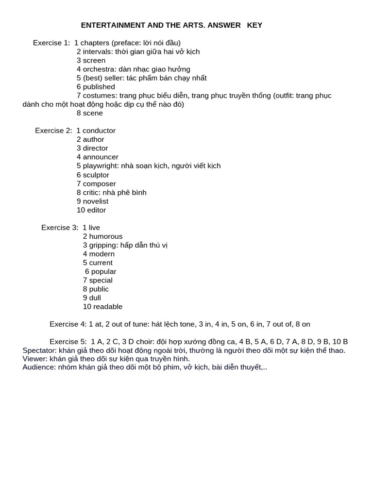 Entertainment and The Arts. Answer Key | PDF