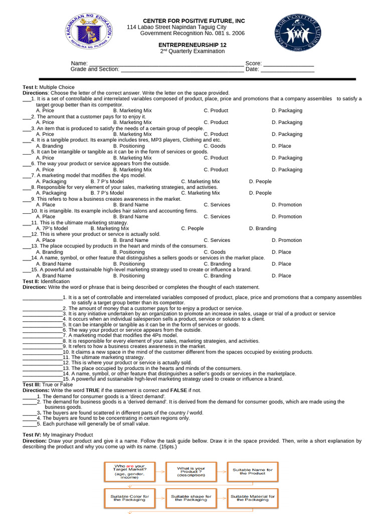 Entrepreneurship Quarterly Exam Guide | PDF | Marketing | Product ...