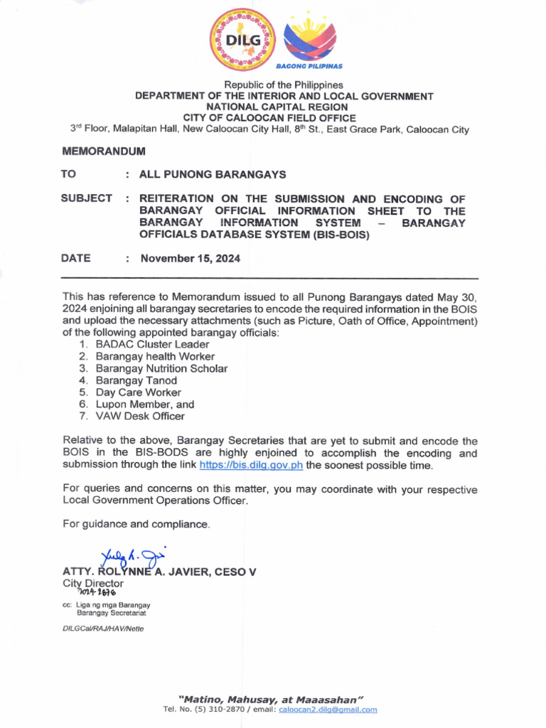Memo To PBs Reiteration On The Submission and Encoding of Barangay Official Information Sheet To ...