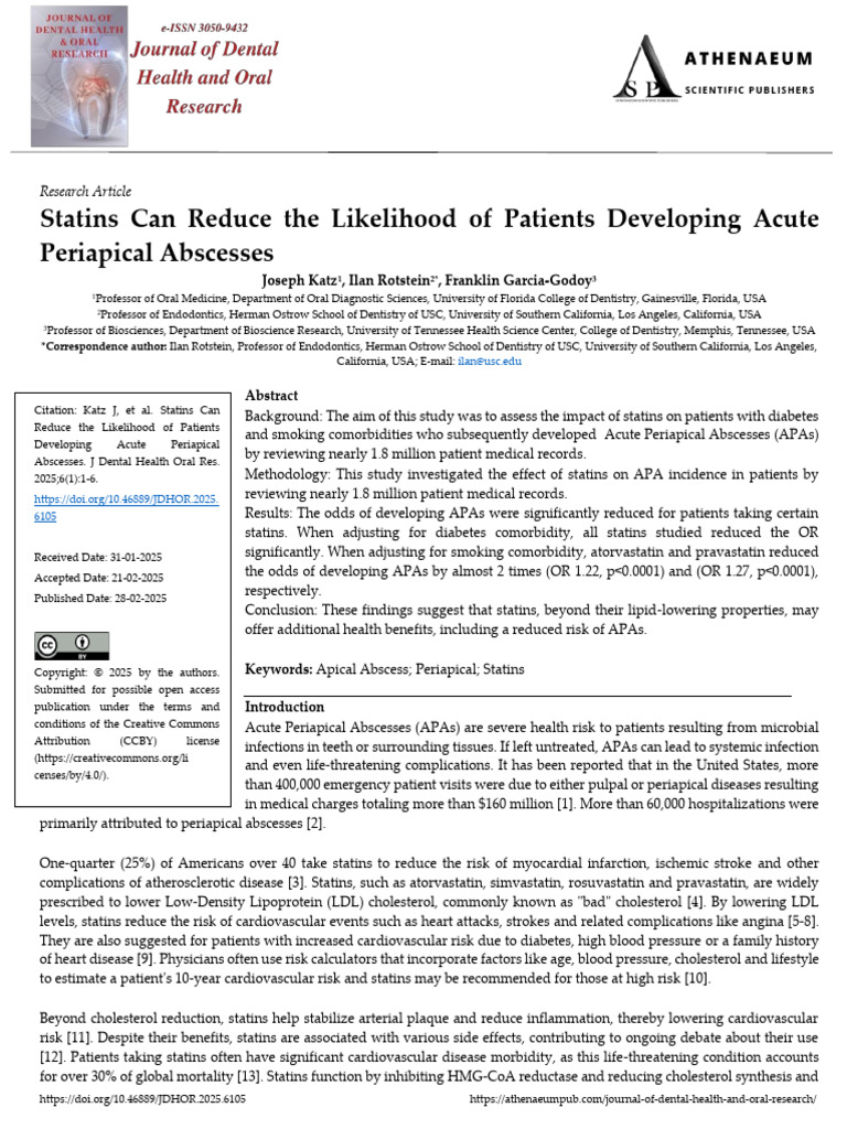Statins Can Reduce The Likelihood of Patients Developing Acute Periapical Abscesses | PDF ...