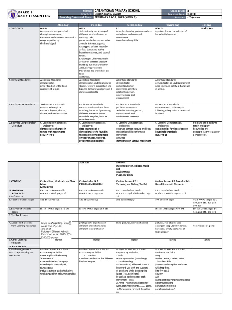 DLL_MAPEH 2_Q4_W3 | PDF | Curriculum | Learning