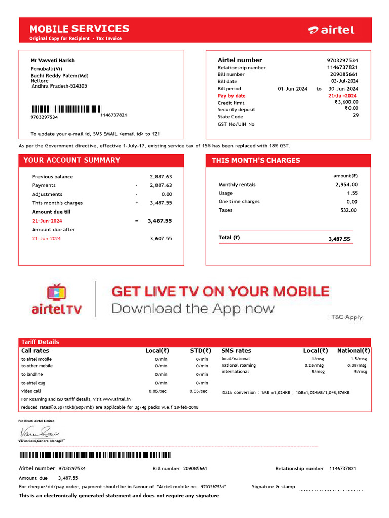 July Airtel Postpaid Bill | PDF | Payments | Taxes