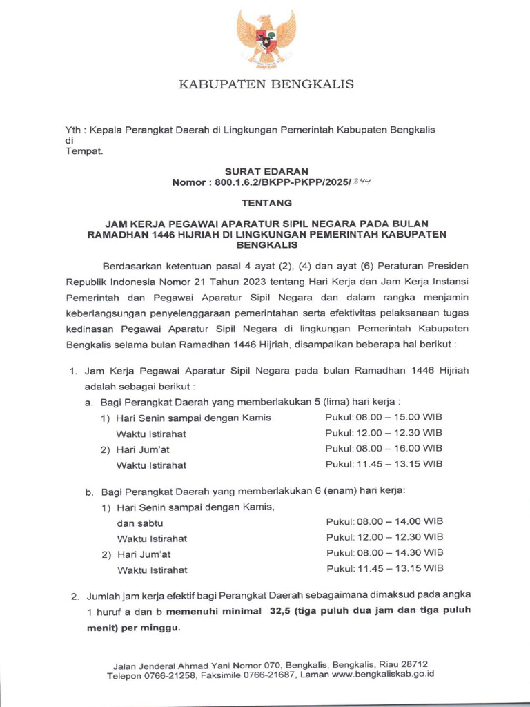SE Jam Kerja ASN Pada Bulan Ramadhan 1446 H Dilingkungan Pemerintah Kab. Bengkalis | PDF