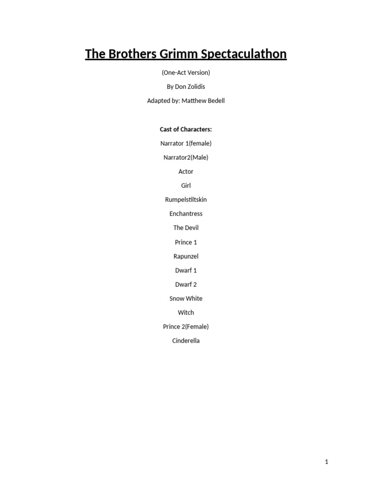 Brothers Grimm Spectaculathon Script | PDF | Snow White | Cinderella