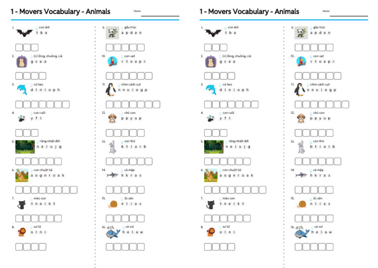 1 Movers Vocabulary Animals Anagram | PDF