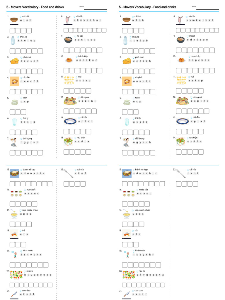 5 Movers Vocabulary Food and Drinks Anagram | PDF