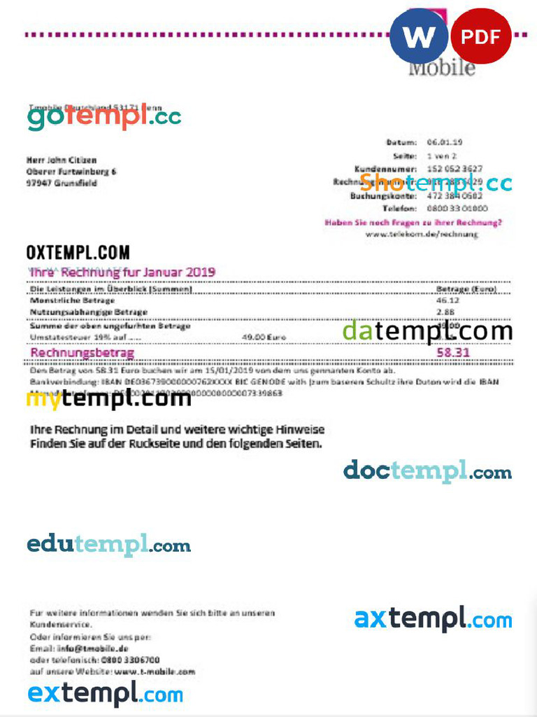 Doctempl - Germany T Mobile Utility Bill Template in Word and PDF ...