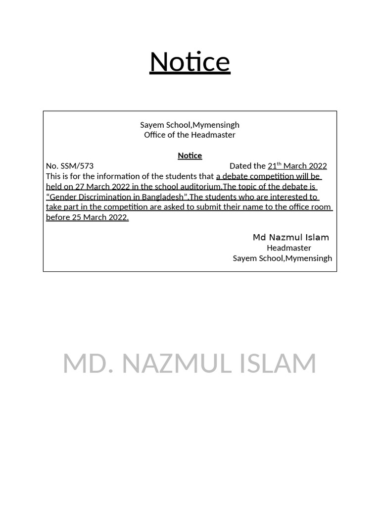 Debate Competition Notice at Sayem School | PDF