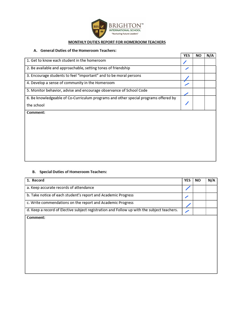 Homeroom Teacher Monthly Duties Report | PDF