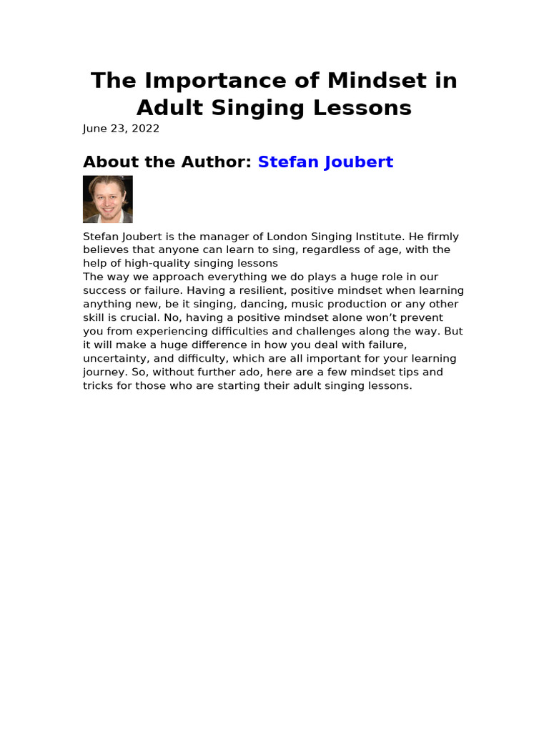 The Importance of Mindset in Adult Singing Lessons | PDF | Singing ...