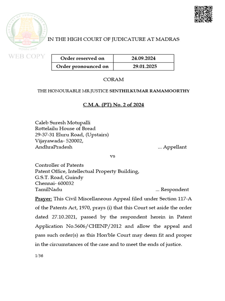 Caleb Suresh Motupalli Vs Controller of Patents On 29 January 2025 ...