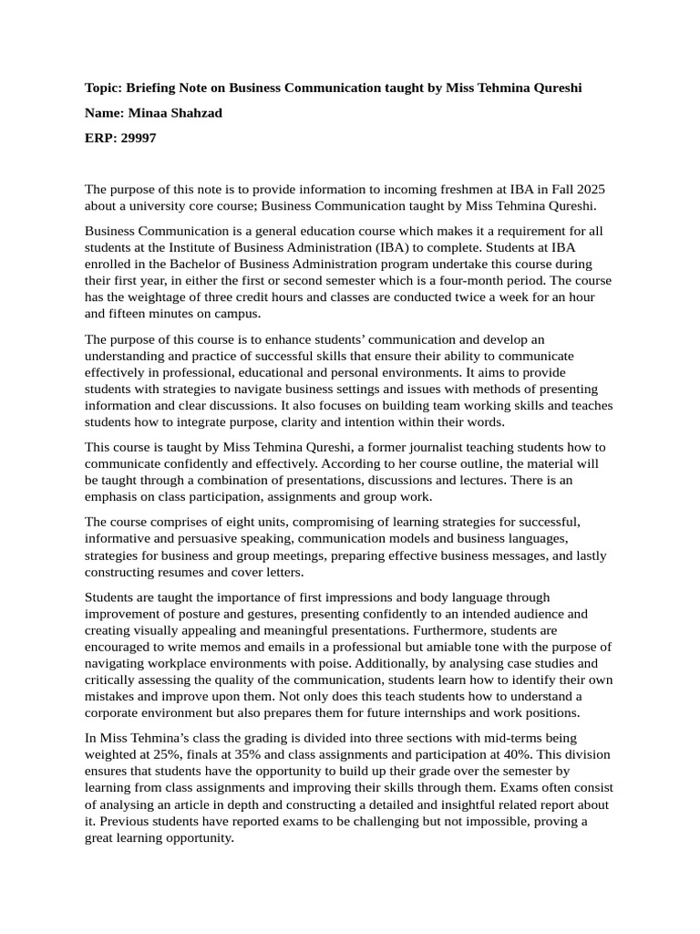 Briefing Note On Business Communication Class | PDF | Communication ...