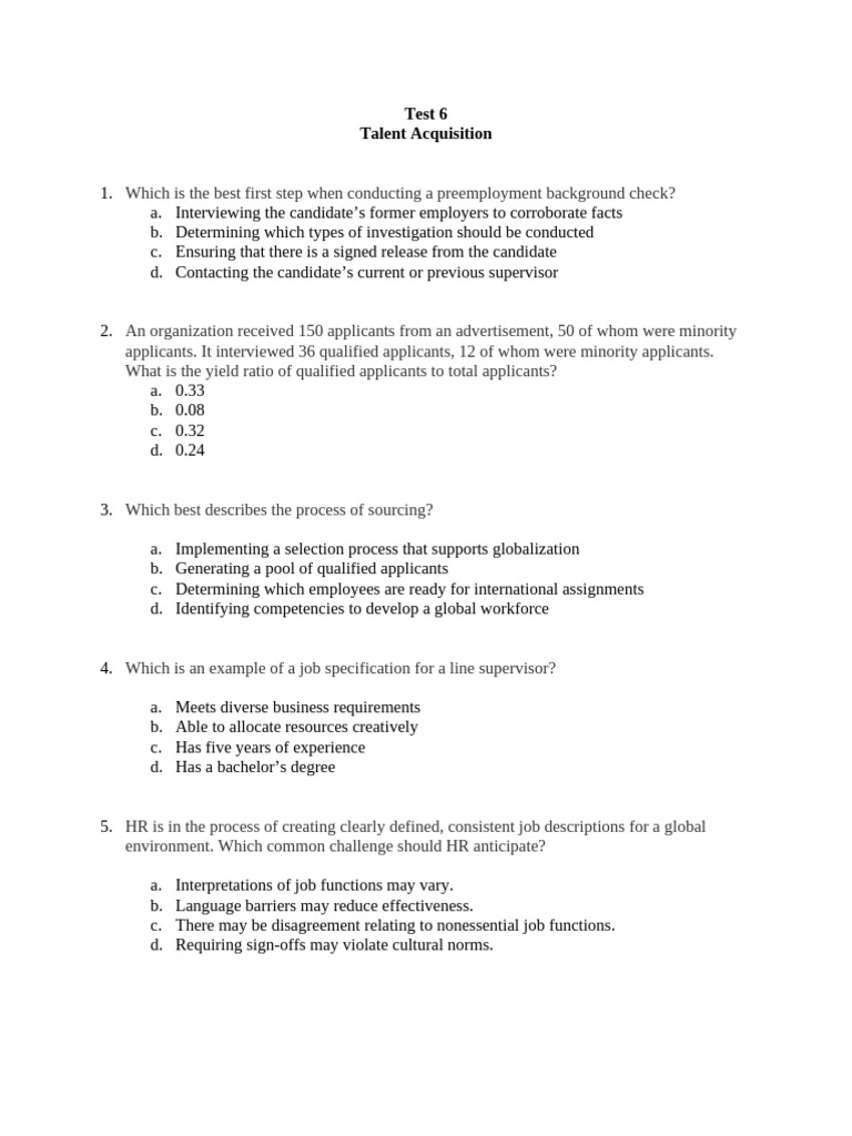 Test 6 Tal Acq | PDF | Recruitment | Industrial Organization