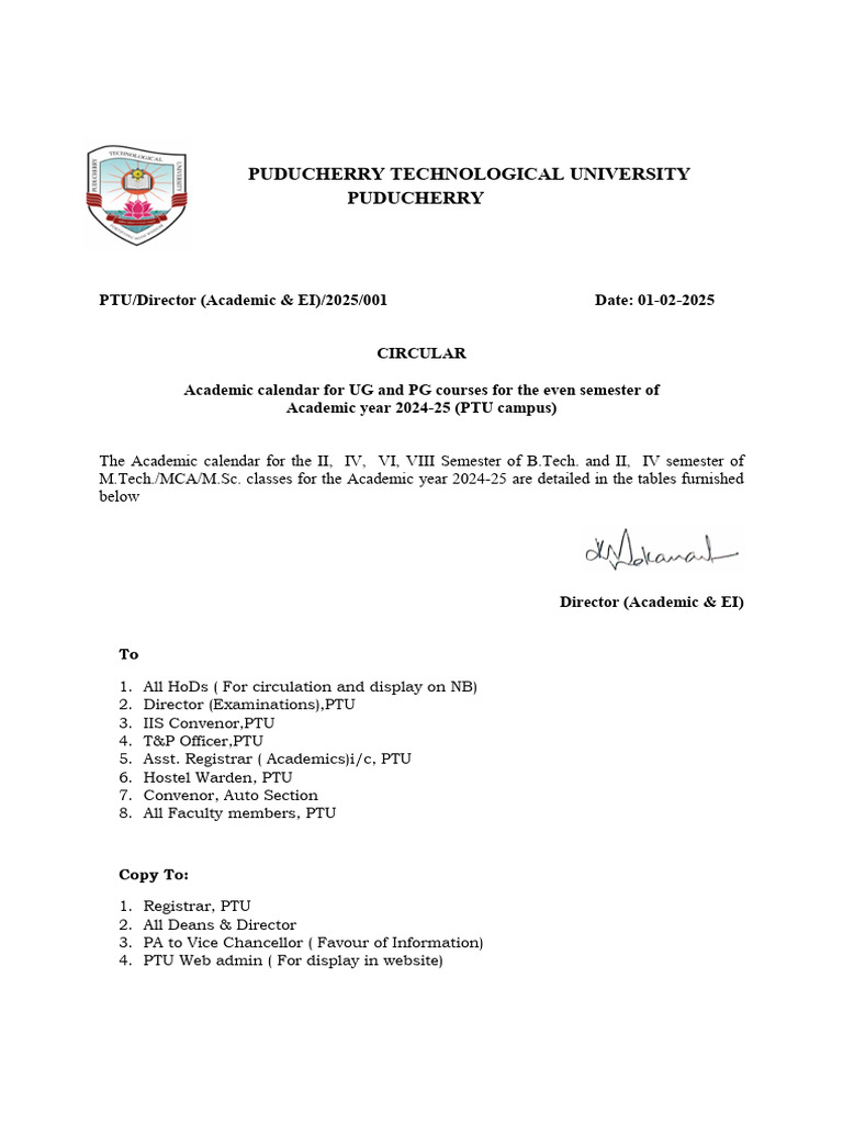 Ptu - 2024-25 Academic Calendar - Even Semester Final | PDF | Academic Term | Educational ...