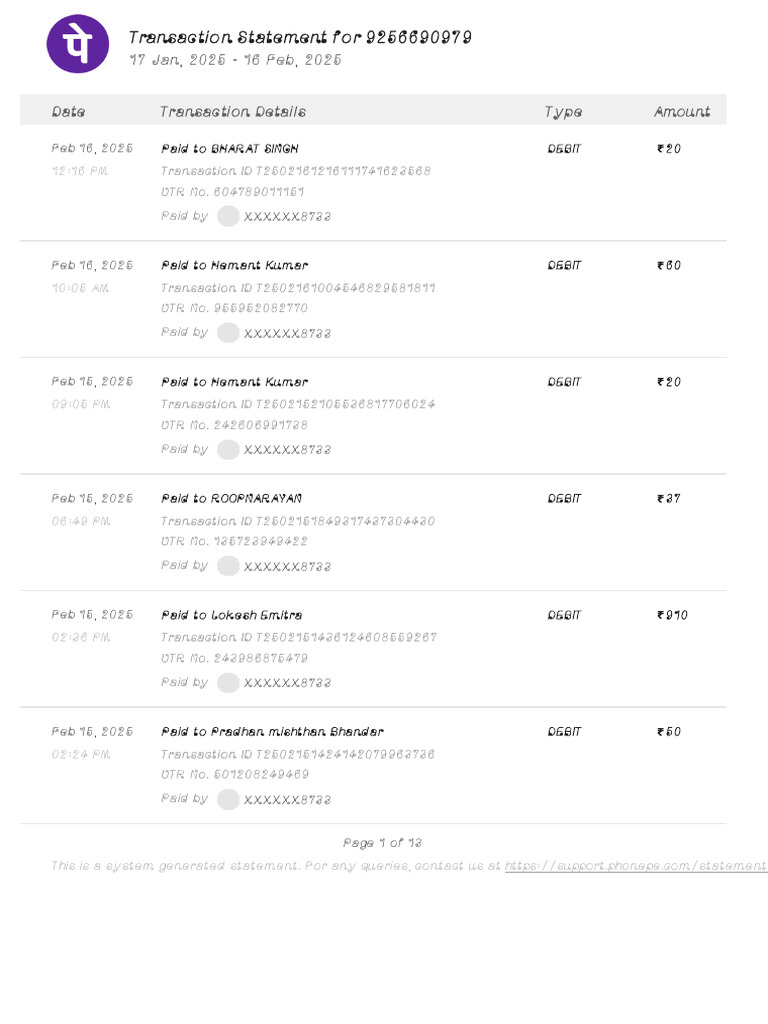 PhonePe Statement Jan2025 Feb2025 | PDF | Debit Card | Debits And Credits