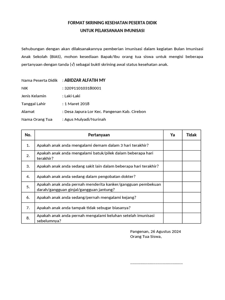 Format Skrining Kesehatan Peserta Didik | PDF