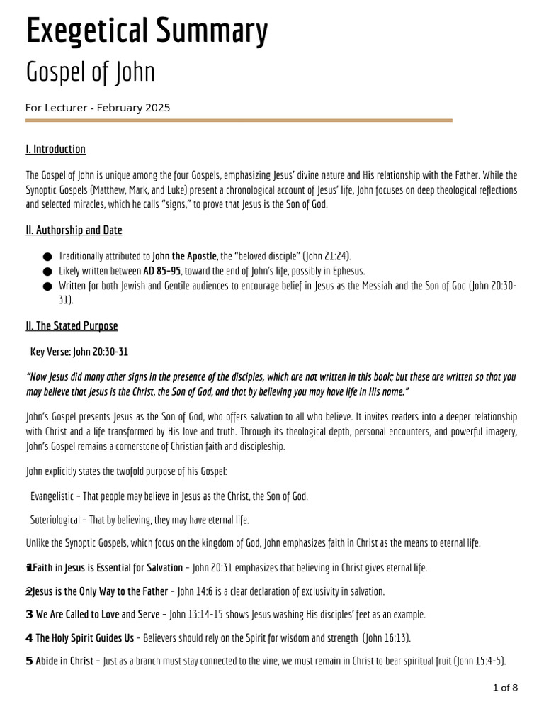 Gospel of John Exegesis Overview | PDF | Gospel Of John | Jesus