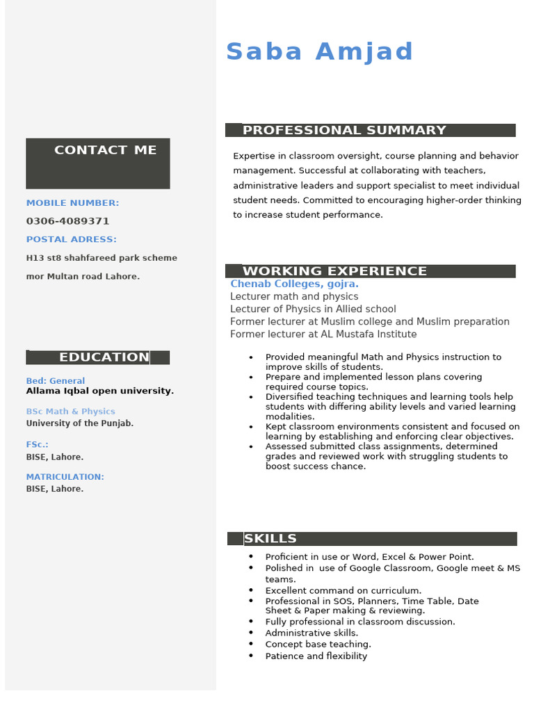 Saba Amjad CV | PDF | Learning | Education Theory