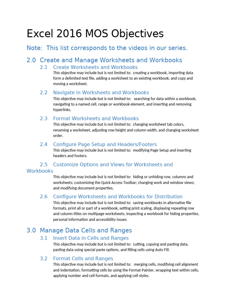 Excel 2016 MOS Objectives | PDF | Microsoft Excel | Spreadsheet