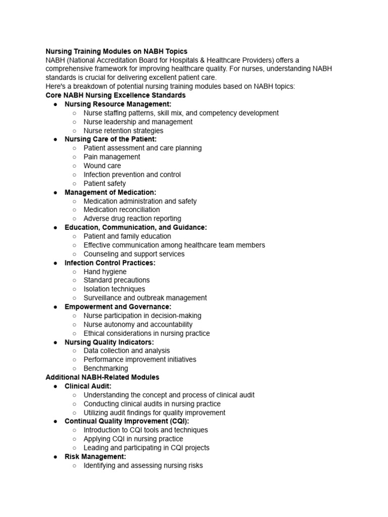 NABH Nursing Training Modules Overview | PDF | Nursing | Health Care
