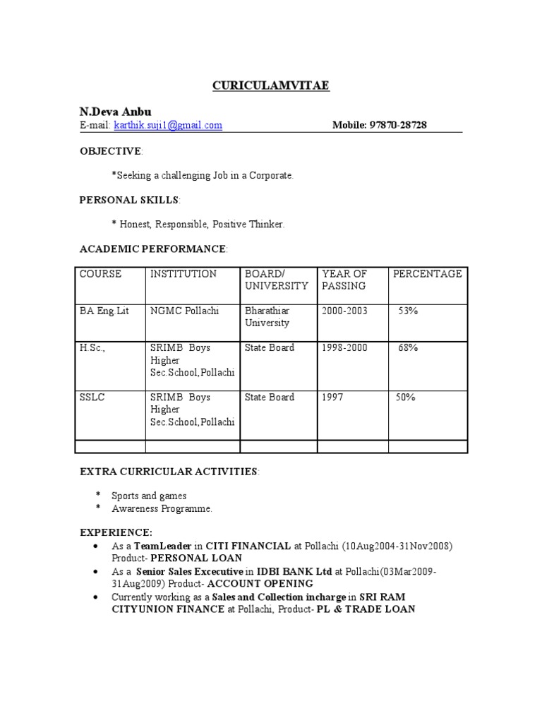 CV of Deva Anbu: Sales Experience | PDF | Career & Growth