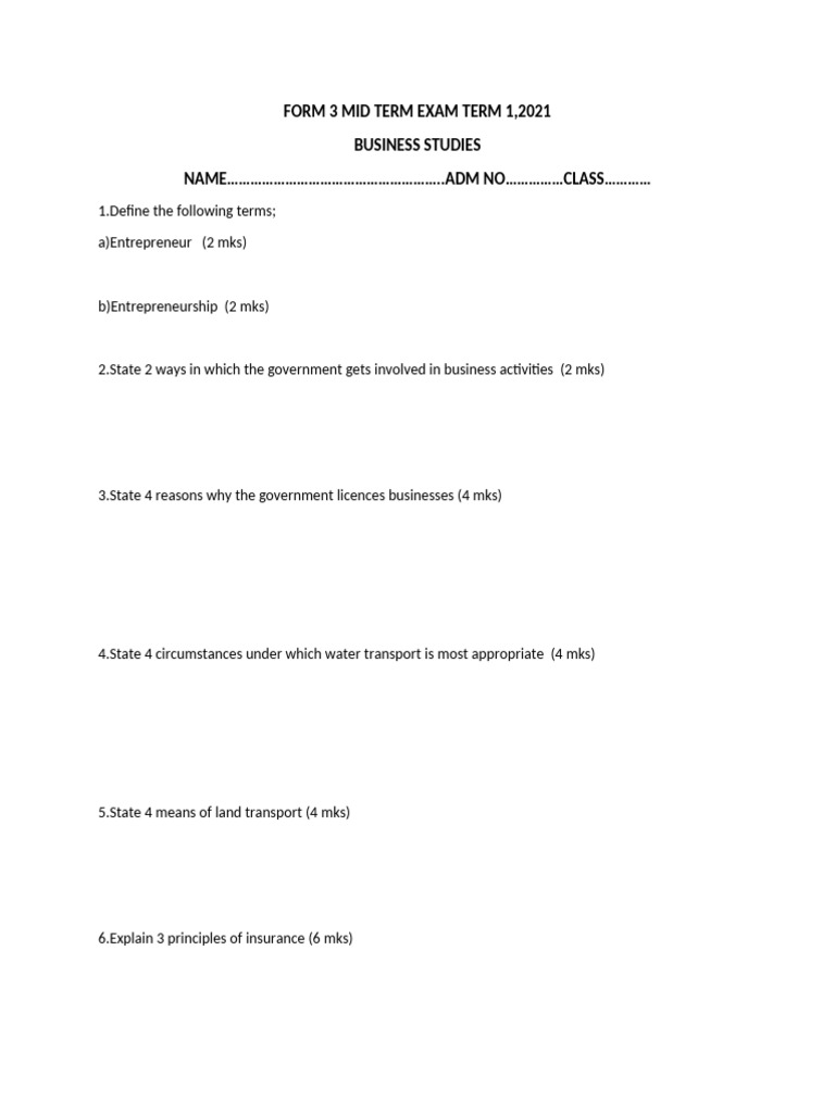 Set1 BST MidTerm 1 2021 Teacher - Co .Ke F3 Exam | PDF