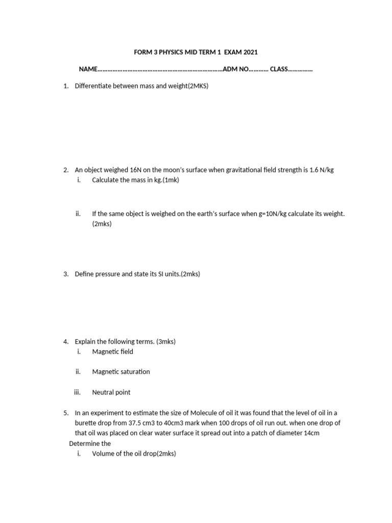 Set1 Physics MidTerm 1 2021 Teacher - Co .Ke F3 Exam | PDF | Weight | Continuum Mechanics