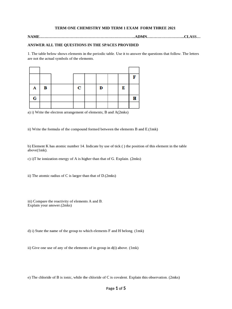 Set1 Chem MidTerm 1 2021 Teacher.co .Ke F3 Exam | PDF | Gases ...