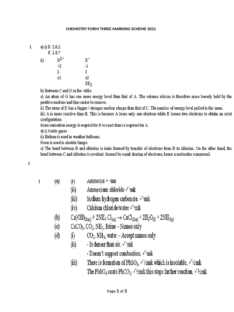 Set1 Chem Ms MidTerm 1 2021 Teacher - Co .Ke F3 Exam | PDF