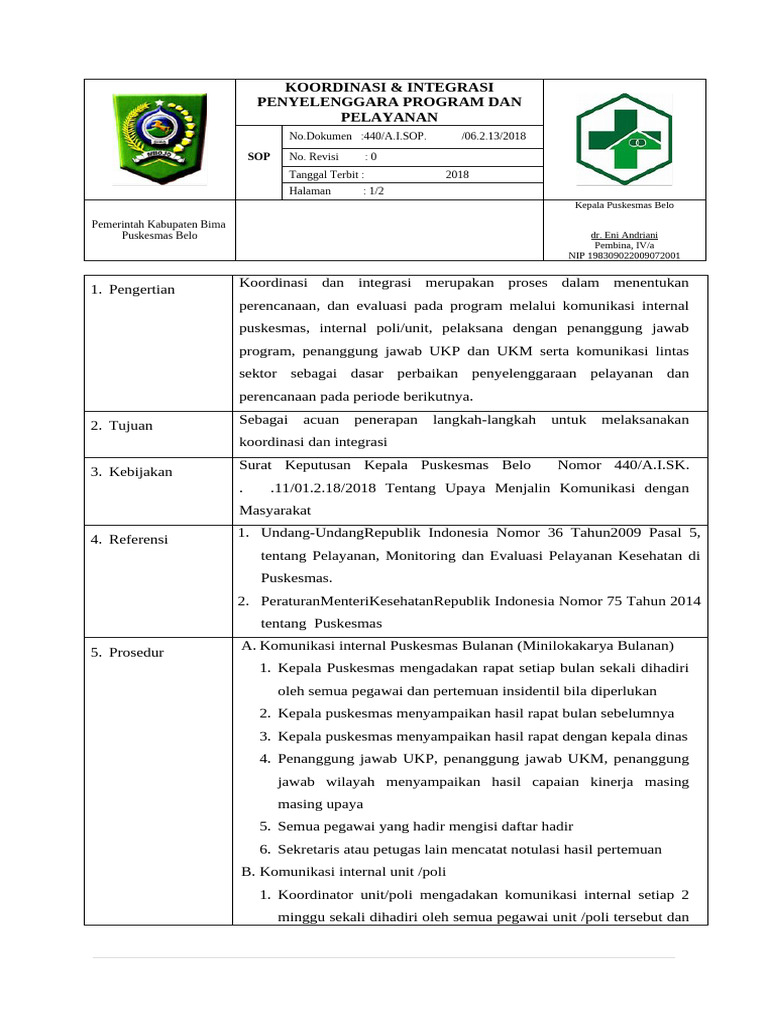 Ep01 Sop Koordinasi Dan Integrasi Penyelenggaraan Program Dan Pelayanan | PDF