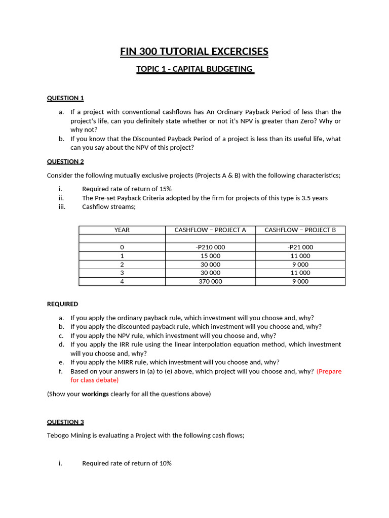 Topic 1 Tutorial Questions - Capital Budgeting - Feb 2025 | PDF ...
