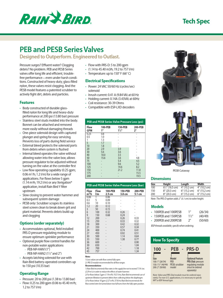 Spec Rainbird PEB - PESBseries | PDF | Valve | Manufactured Goods