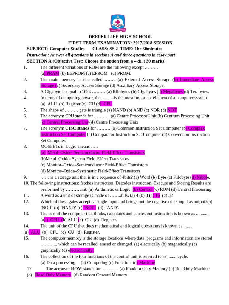 SS2 Computer Studies Exam 2017/18 | PDF | Computer Data Storage | Logic Gate