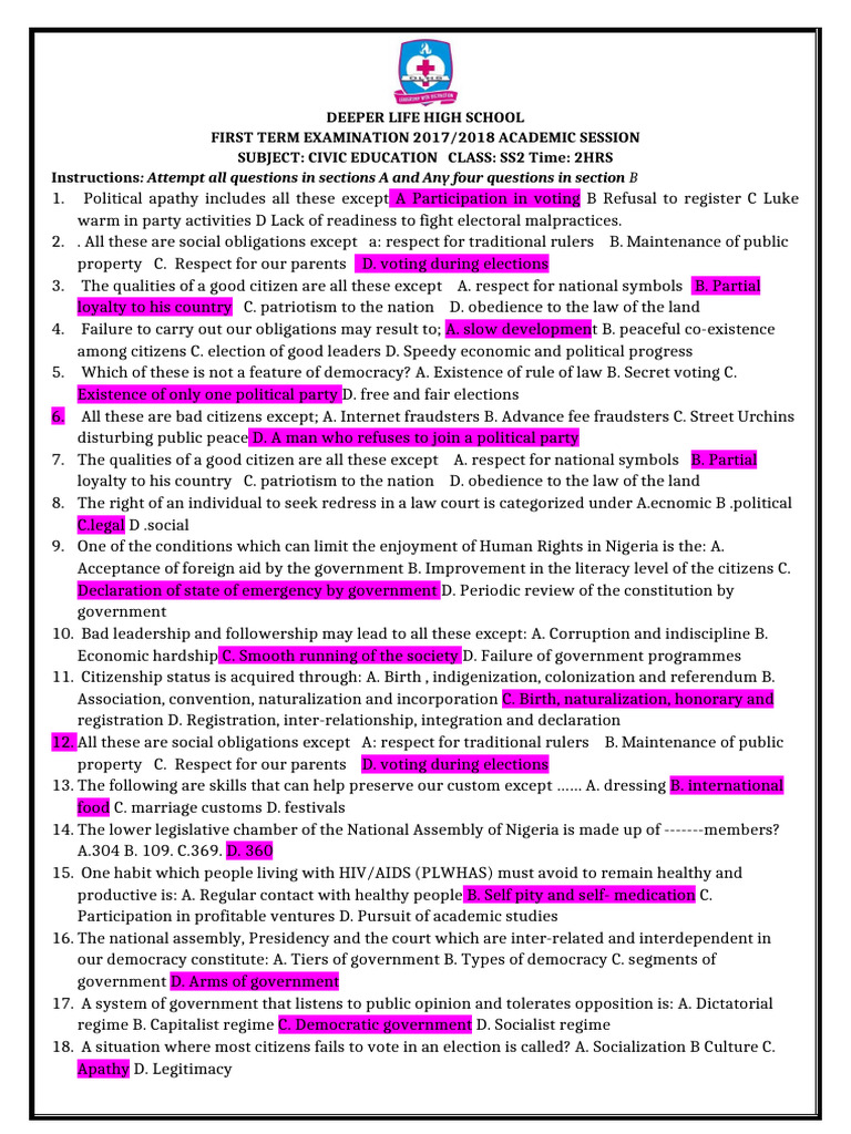 SS 2 Civic Education 1ST Term Exam 2017-2018 | PDF | Democracy ...