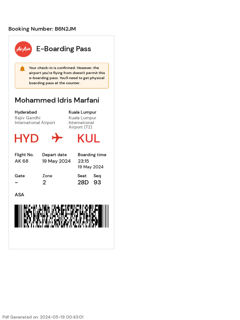 E-Boarding Pass Details for Flight AK 68 | PDF