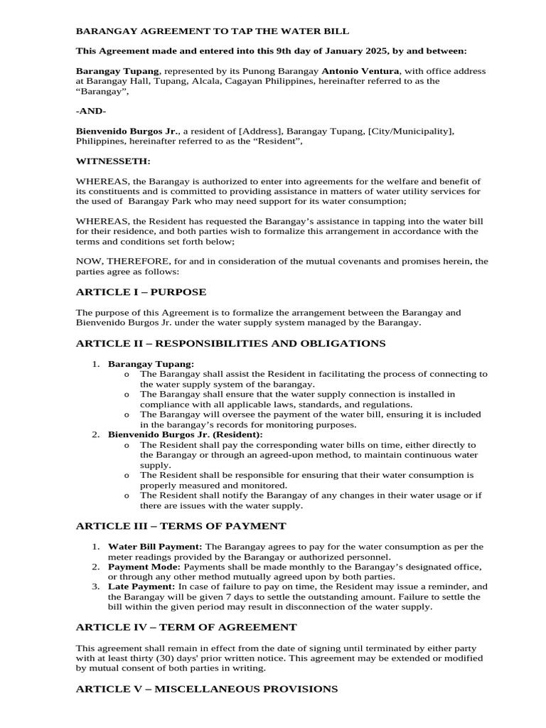 Barangay Water Bill Agreement Template | PDF | Water Supply | Justice