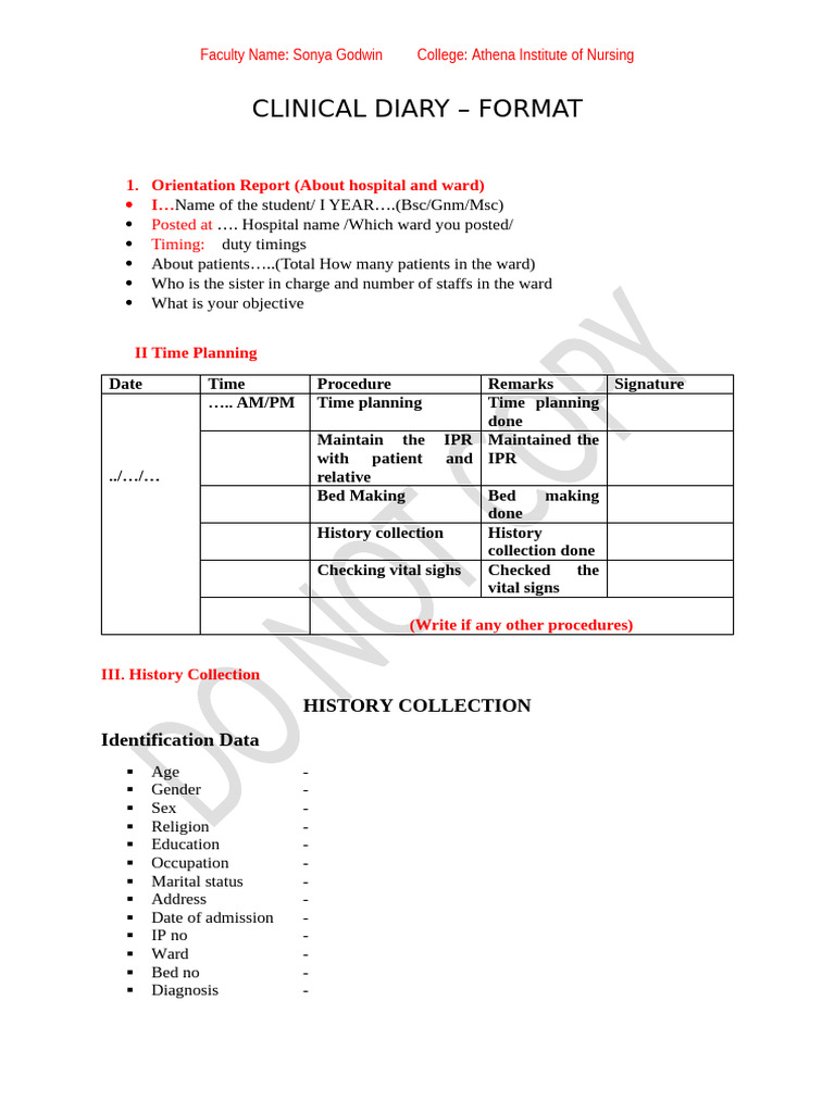 Clinical Diary Format for Nursing Students | PDF | Patient | Medical ...