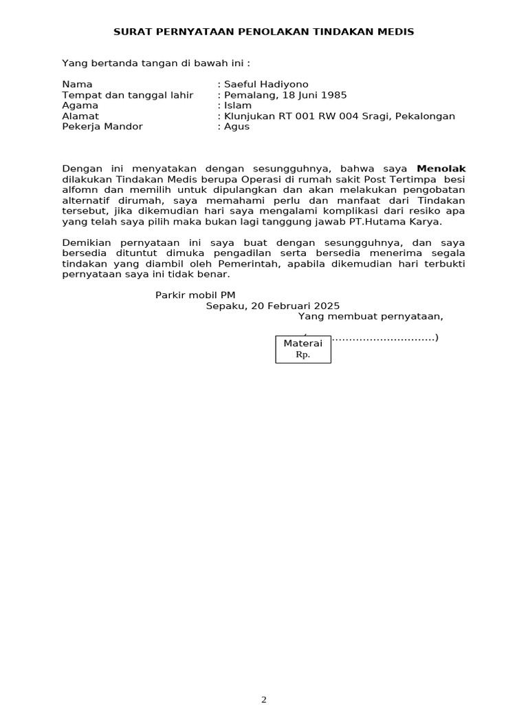 Contoh Surat Pernyataan PENOLAKAN | PDF