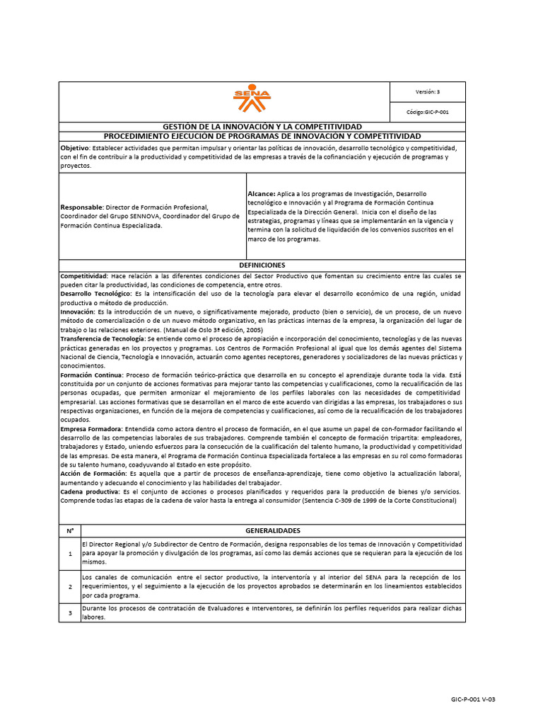 GIC-P-001 Procedimiento Ejecucion Programas Innovacion y Competitividad | PDF | Innovación ...