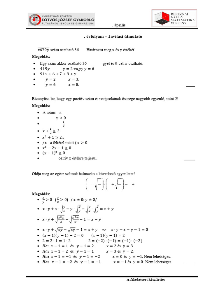 Bereznai 9evf Megold 2019 | PDF