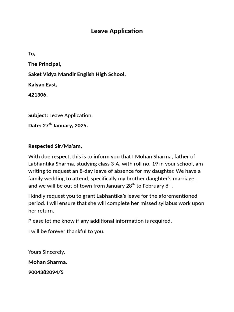 Leave Application for Labhantika Sharma | PDF