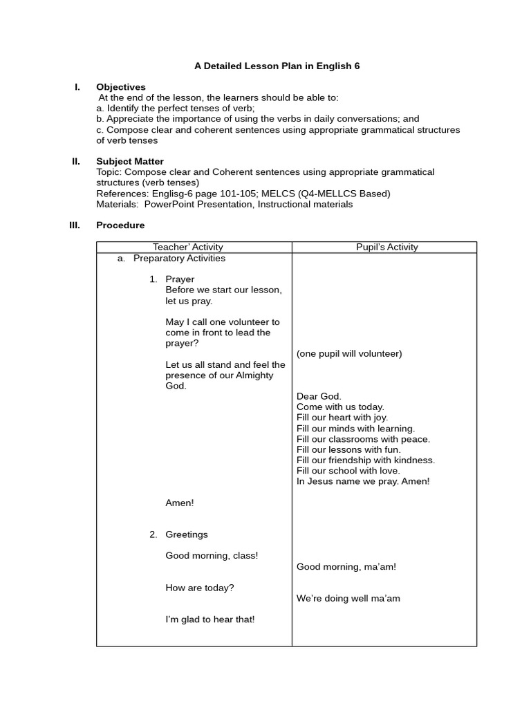 A Detailed Lesson Plan in English 6 - Jhen | PDF | Grammatical Tense | Verb