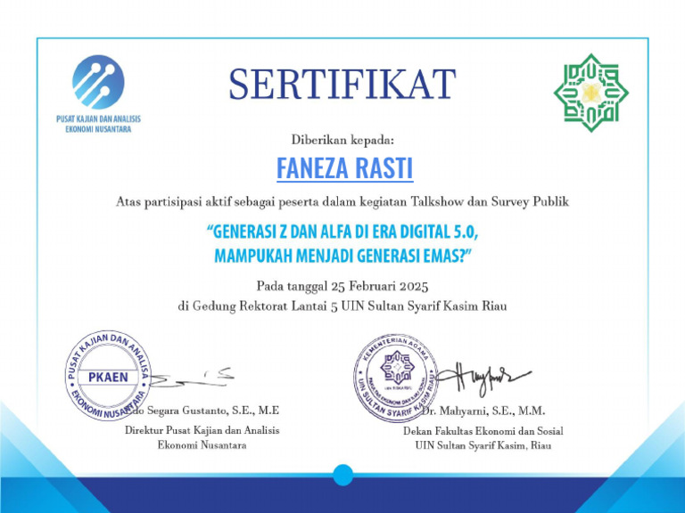 Sertifikat - FANEZA RASTI | PDF