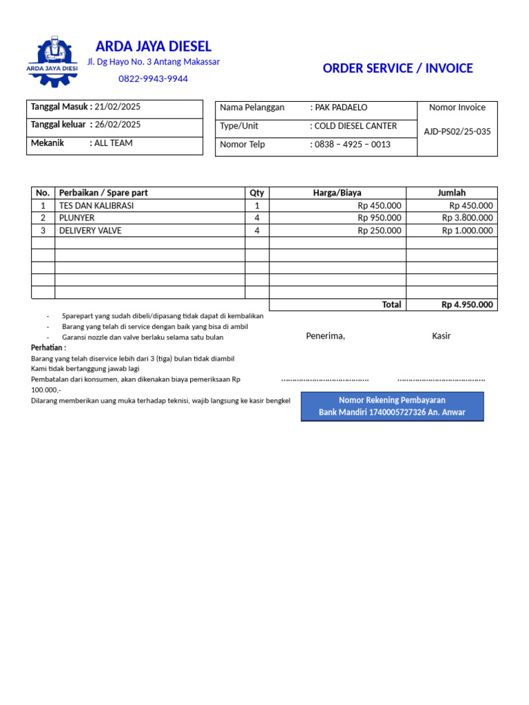 Invoice Perbaikan dan Spare Part Diesel | PDF