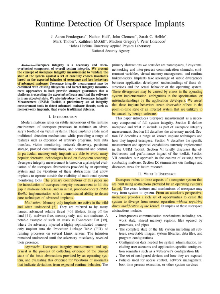 Runtime Detection of Userspace Implants | PDF | Kernel (Operating System) | Malware