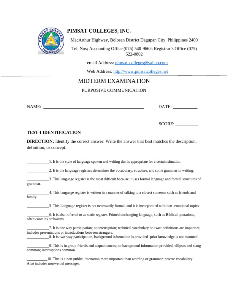 PIMSAT Colleges Midterm Exam: Purposive Communication | PDF | Bias | News