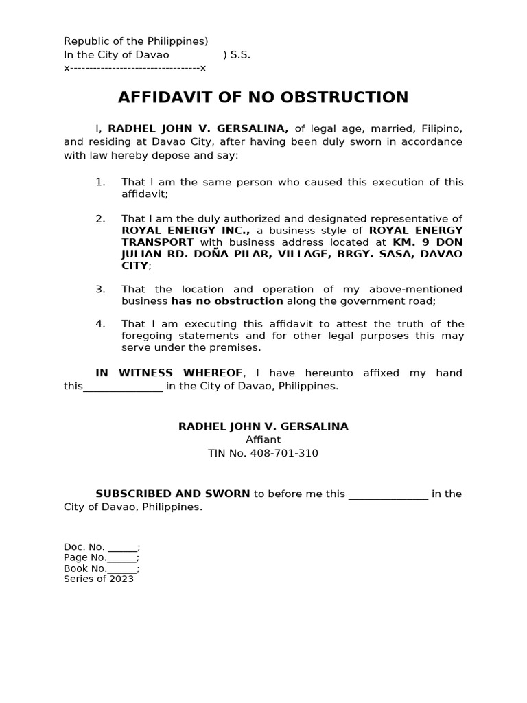 Affidavit of No Obstruction | PDF