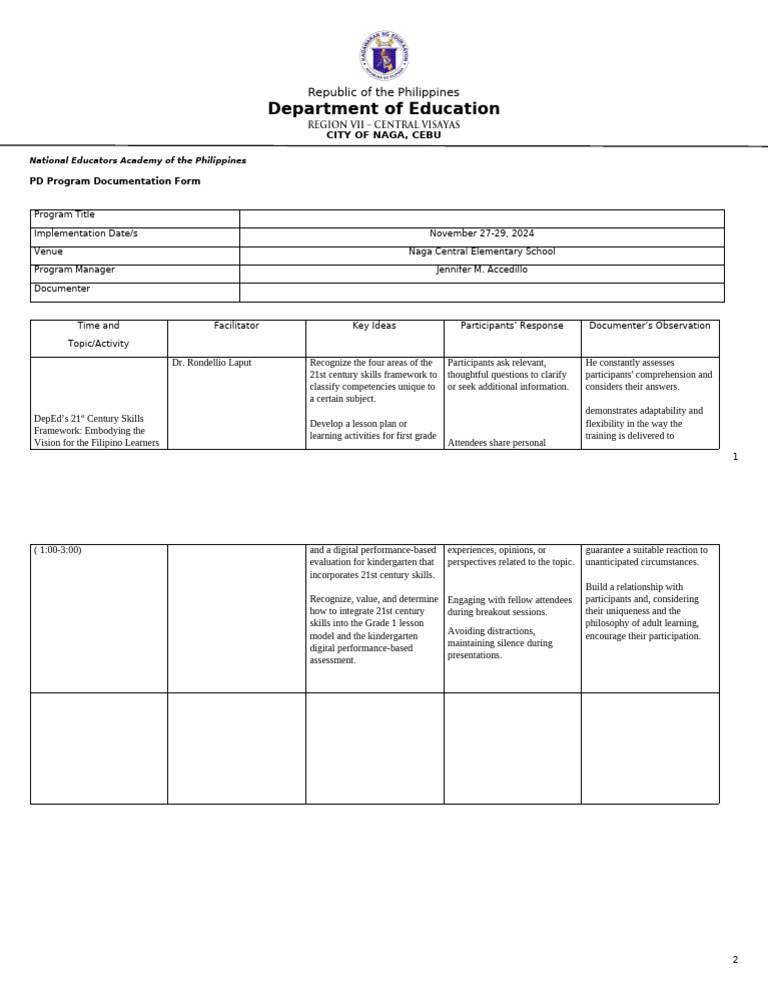 Enclosure-No.-11-PD-Program-Documentation-Form | PDF | Behavior Modification | Cognition
